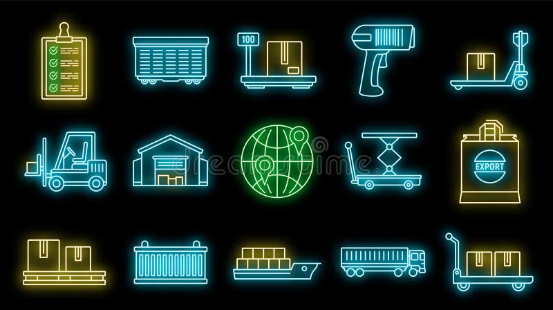 World Goods Export Icons Set Vector Neon Stock Vector - Illustration of ...