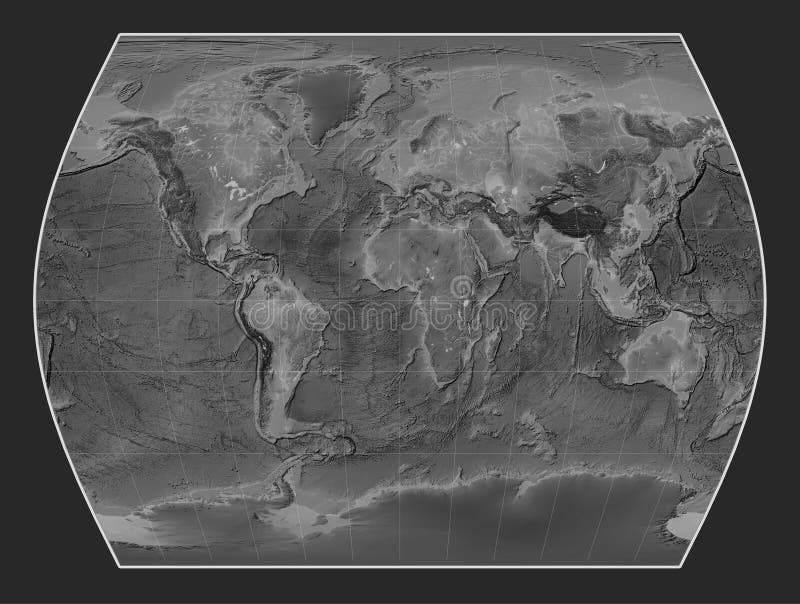 World Map. Grayscale. Miller Cylindrical Projection. Meridian: 0 Stock ...