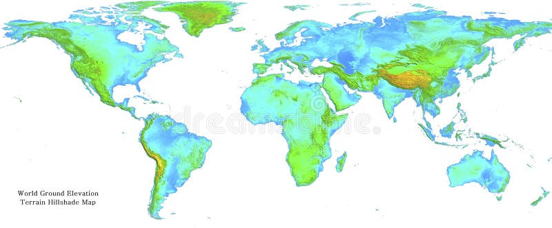 World Ground Elevation Terrain Hillshade Map in HD Quality Rainbow ...