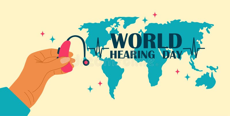 World Hearing Day Poster. Vector Illustration of World Map with Hand ...