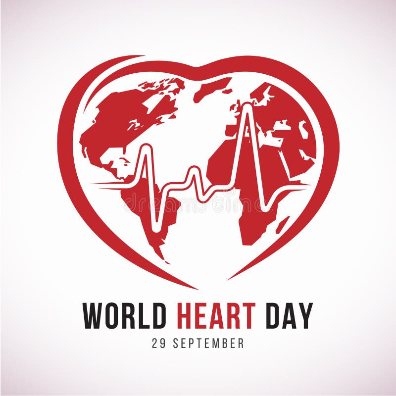 World Heart Day - Red Heart Beat Wave Line on World Map in Line Heart ...