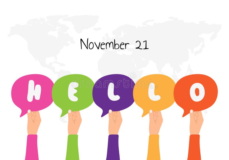 World Hello Day Background with Hand Hold Hello Notes and Earth Map ...