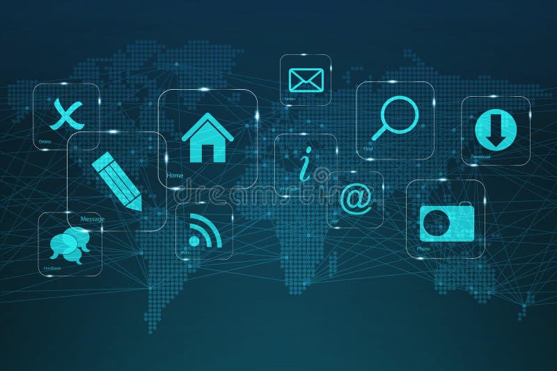 World Internet Communication Logos on a Map of All Continents Stock ...