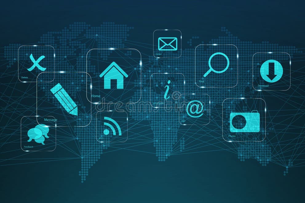 World Internet Communication Logos on a Map of All Continents Stock ...