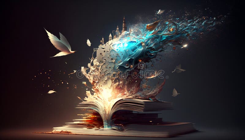 World Knowledge. Concept of an Open Magic Book. Open Pages with Water ...
