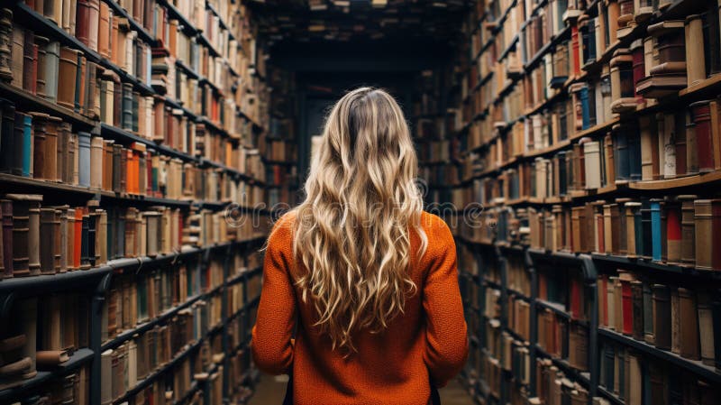 A World of Knowledge, Woman in a Vast Library of Books, Generative AI ...