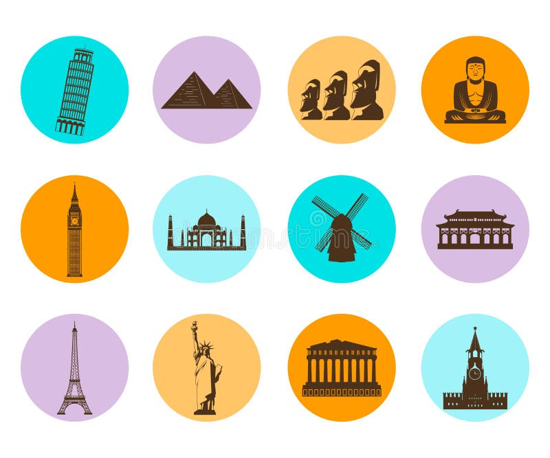 World Landmarks Flat Icons Set. Vector Stock Vector - Illustration of ...
