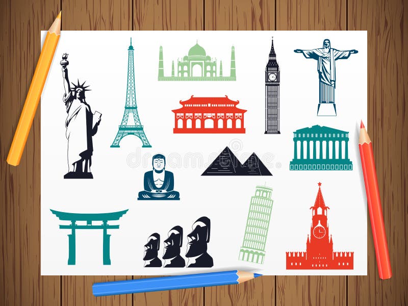 World Landmarks Icons on Paper in Work Progress. Landmarks Icons Set ...