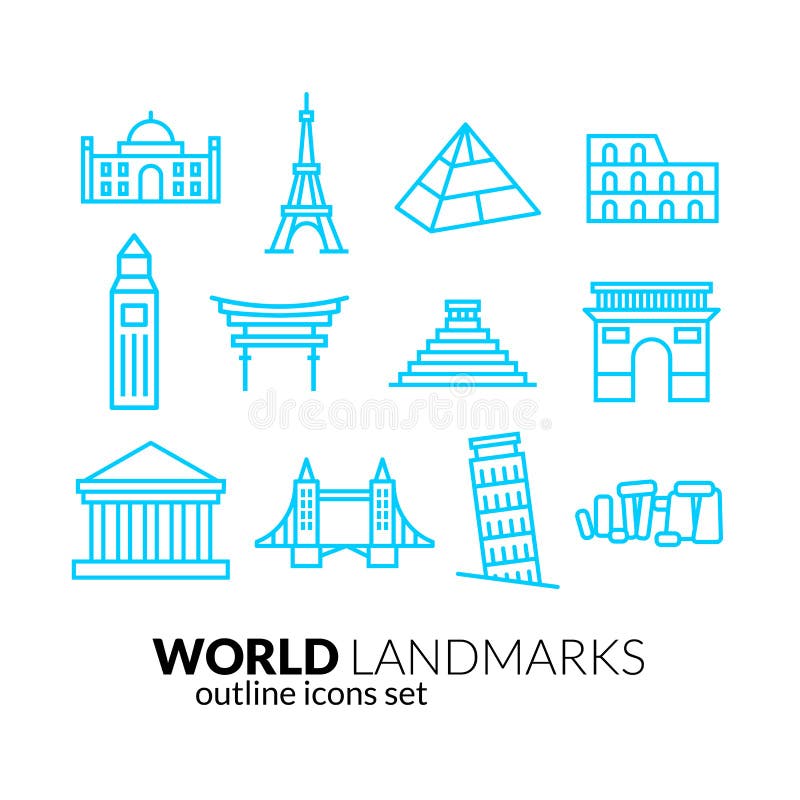 World Landmarks Outline Icons Set Stock Vector - Illustration of ...