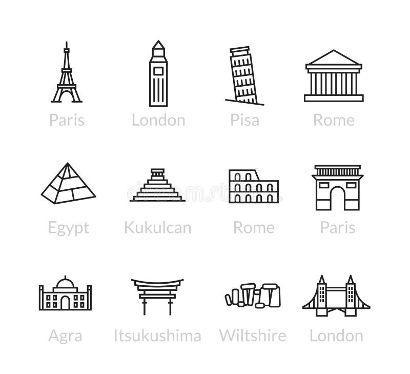 World Landmarks Outline Icons Set Stock Vector - Illustration of ...