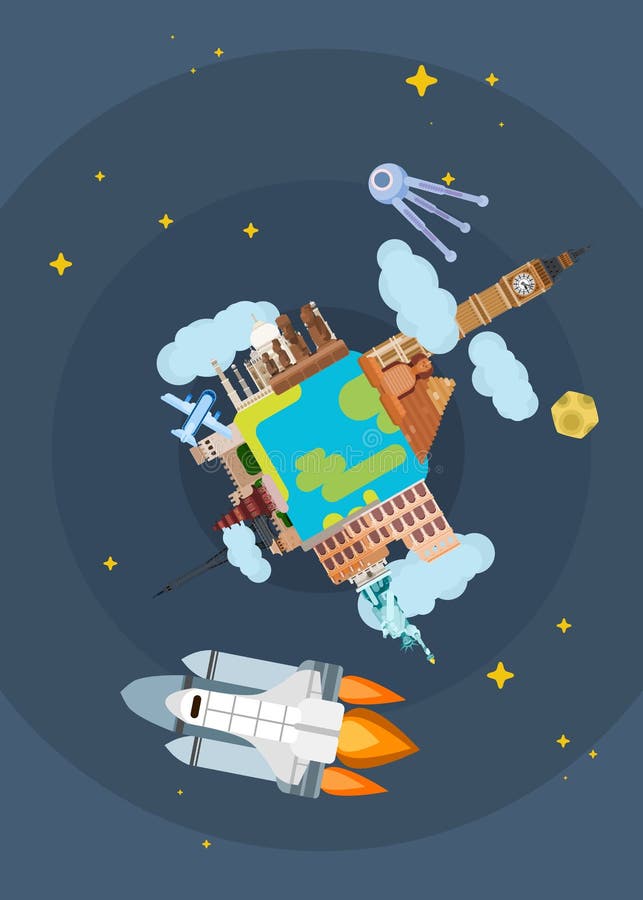 World Landmarks Planet in Space. Flat on Black Stock Illustration ...