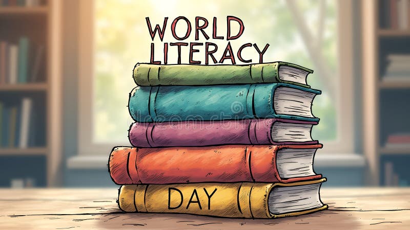 World Literacy Day Celebration with Books Stack Stock Illustration ...