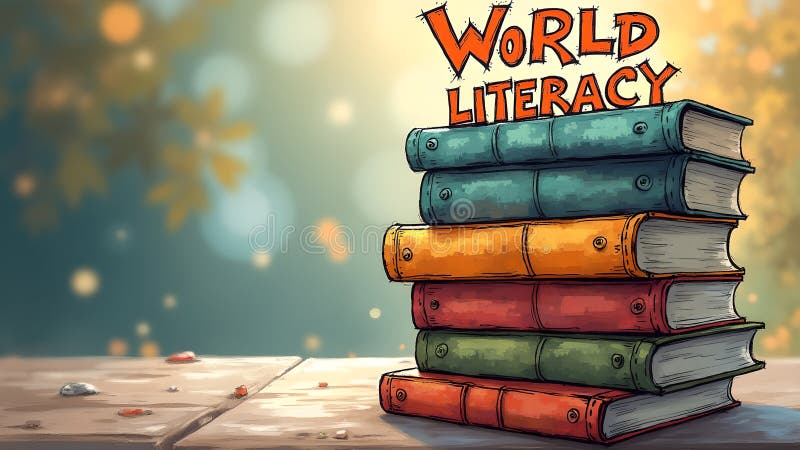 World Literacy Day Stack of Colorful Books Stock Illustration ...