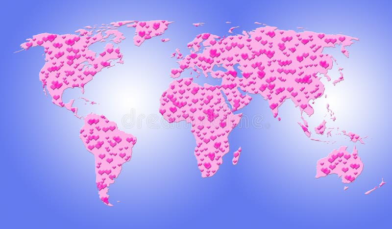 World of Love - World Map with Hot Pink Hearts Stock Illustration ...