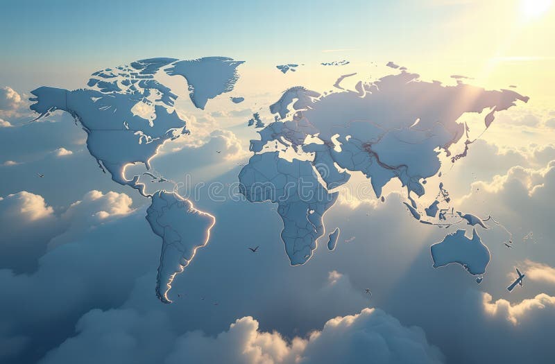 World Map Above Clouds with Sunlight and Global Connectivity Concept ...