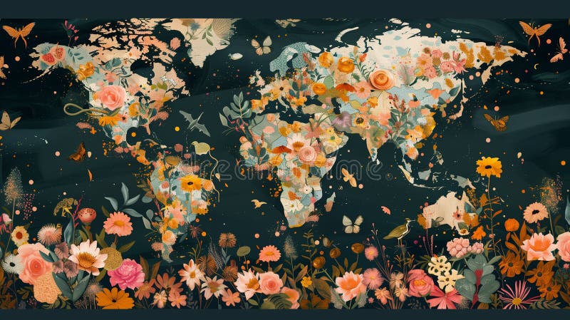 World Map, Adorned with a Vibrant Array of Flowers, Animals, and ...