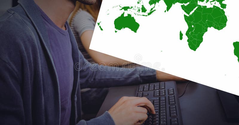 World Map Against Mid Section of People Working at Office Stock Photo ...