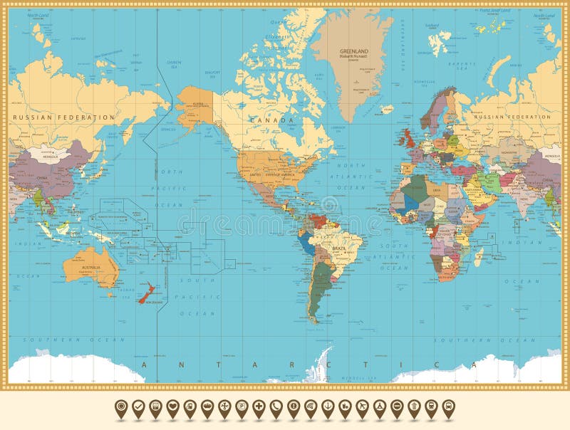 World Map America Centered and Map Pointers. Retro Color Stock Vector ...
