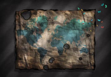 World Map on Ancient Paper with Tiny Moths Stock Illustration ...