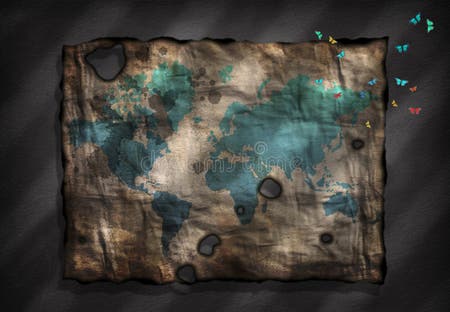 World Map on Ancient Paper with Tiny Moths Stock Illustration ...