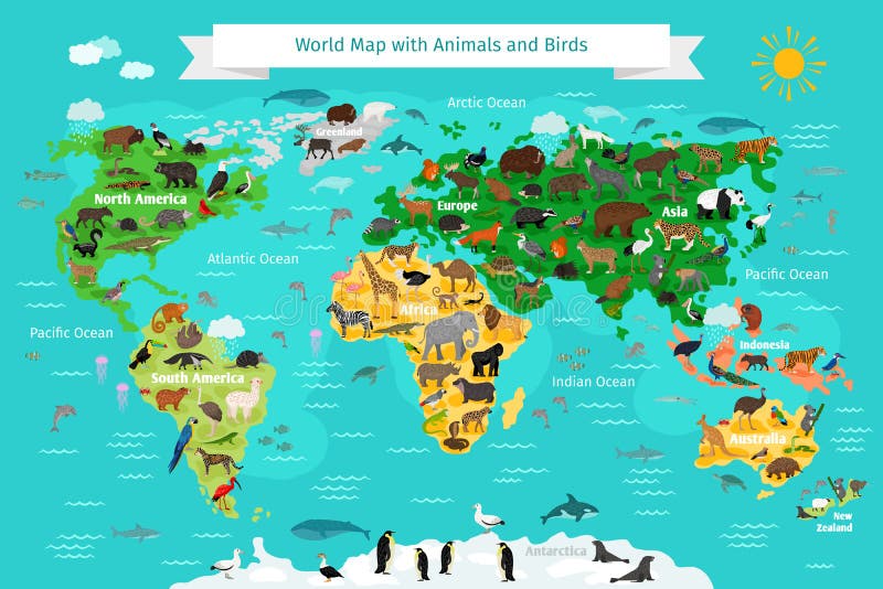 World Map with Wild Animals and Birds Vector Set Stock Vector ...