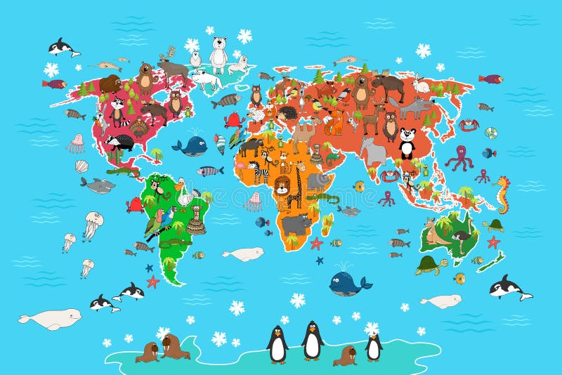 World Map with Animals. Vector Illustration in Cartoon Style Stock ...