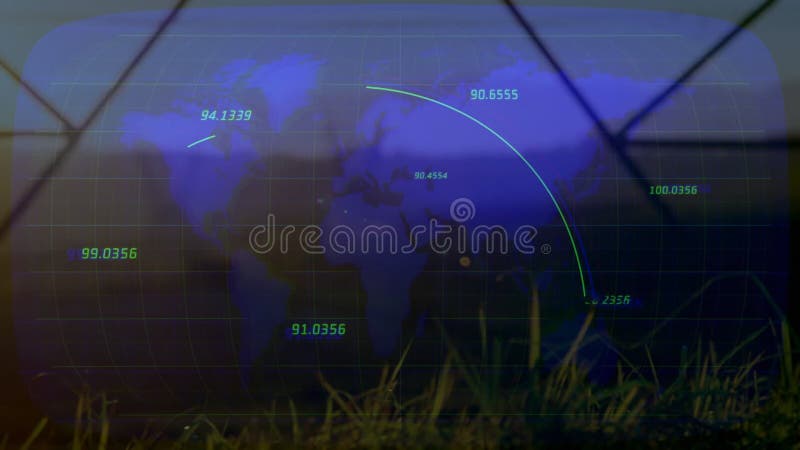 World Map Animation with Coordinates and Lines Over Grassy Field ...