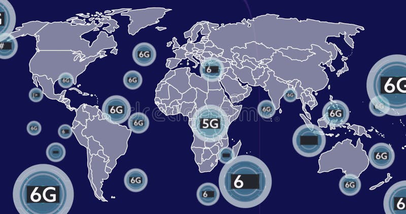 World Map Animation Displaying 5G and 6G Network Coverage Across ...