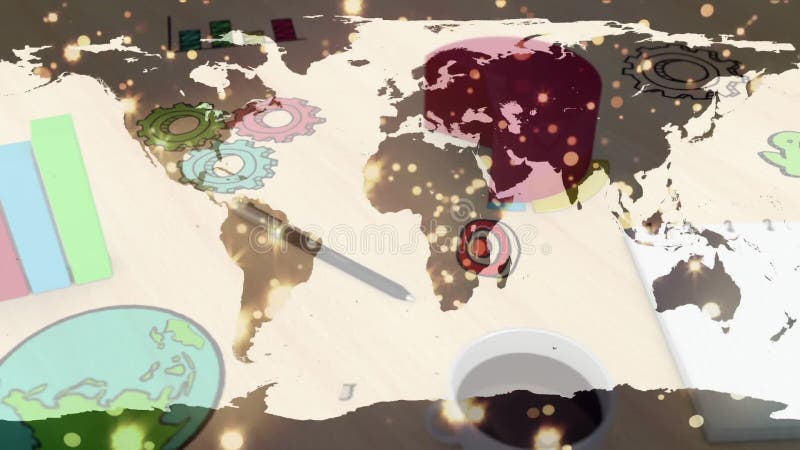 World Map and Animation with Gears, Lightbulb, and Coffee Cup on ...