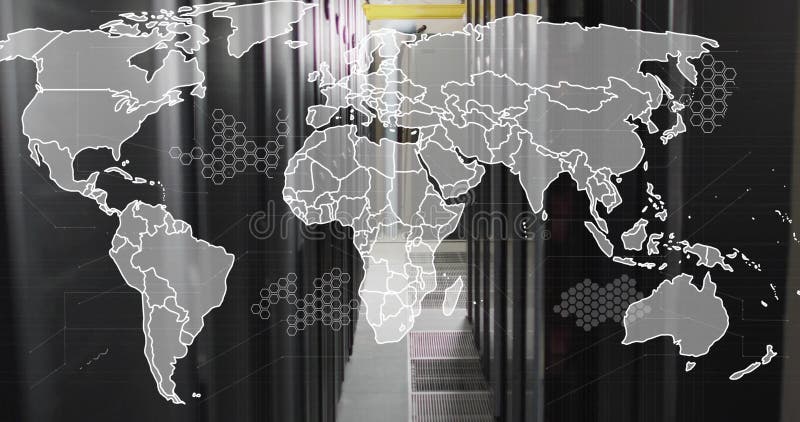 World Map Animation Over Data Center Servers in Hallway Stock Video ...