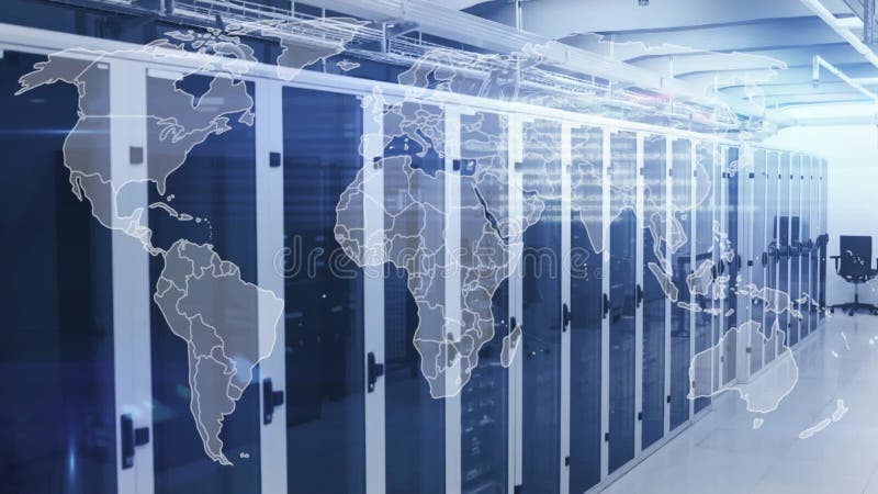 World Map Animation Over Data Center Servers in Modern Facility Stock ...