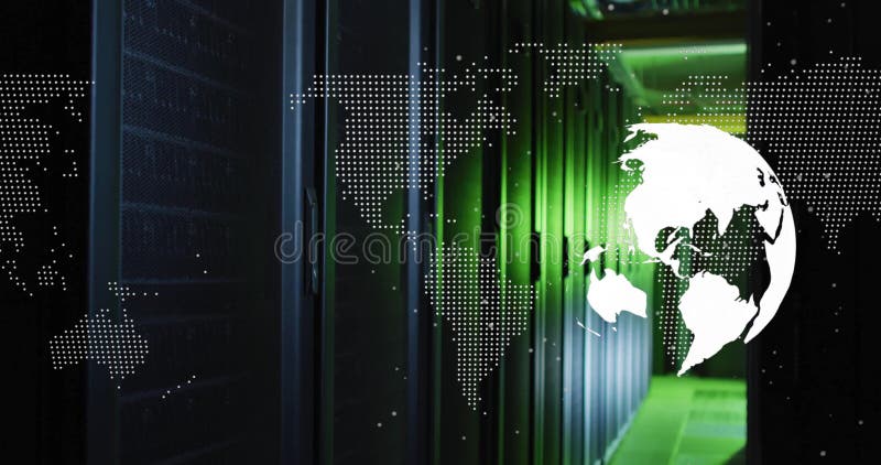 World Map Animation Over Data Servers in Dimly Lit Server Room Stock ...