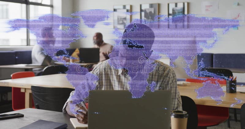 World Map Animation Over Diverse People Working in Modern Office Stock ...