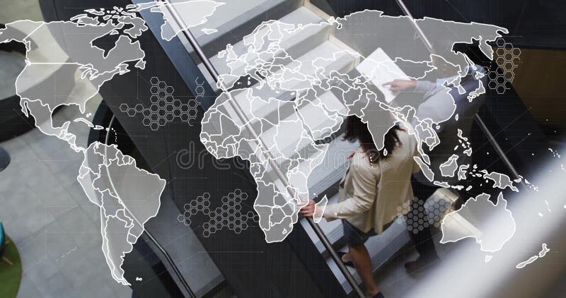World Map Animation Over People Using Escalator in Modern Building ...