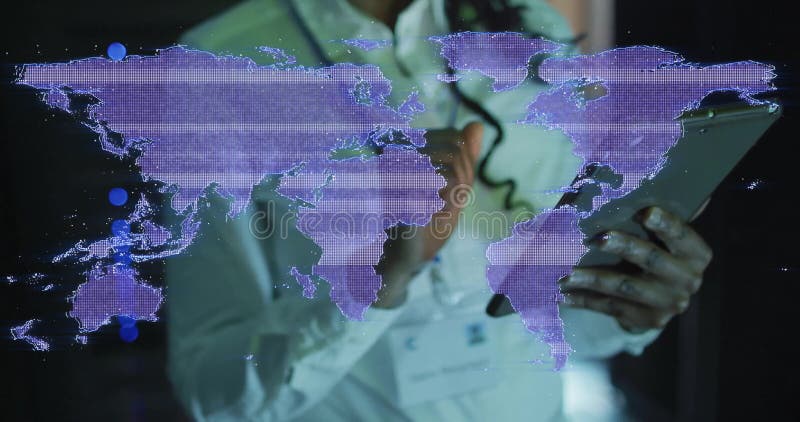 World Map Animation Over Person Using Tablet in Technology Setting ...