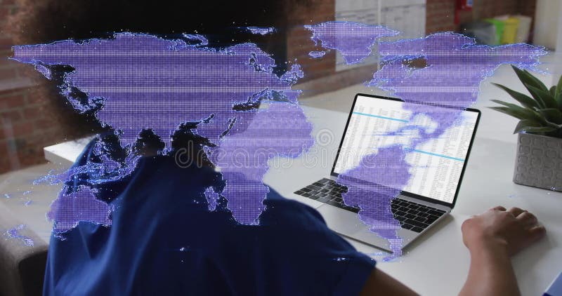 World Map Animation Over Person Working on Laptop with Data ...