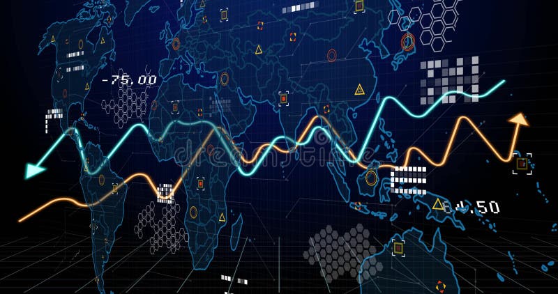 World Map Appearing Over Grid, Arrows Tracing Data Flows, Waves ...