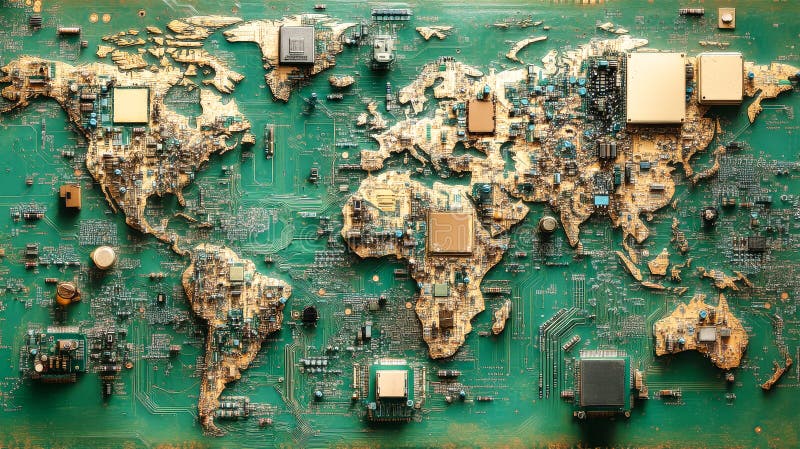 World Map Artfully Crafted from Circuit Boards and Chips Highlights ...
