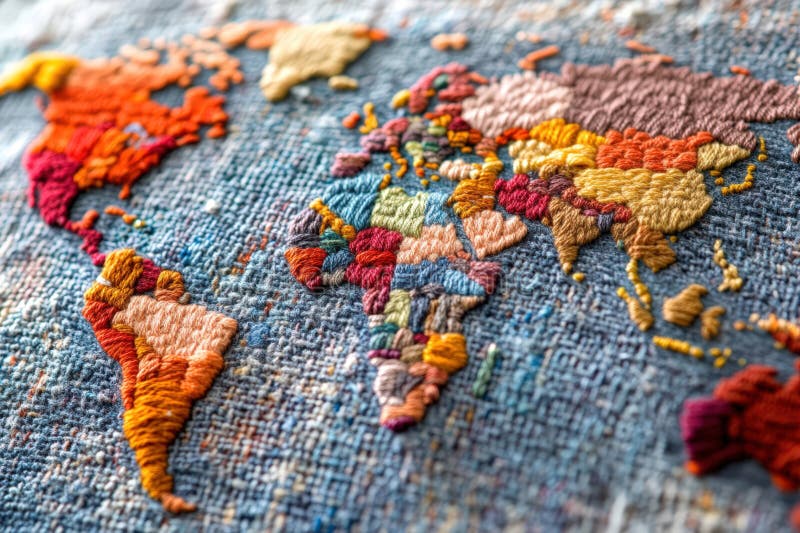 World Map Artwork Crafted from Colorful Threads on Soft Fabric ...