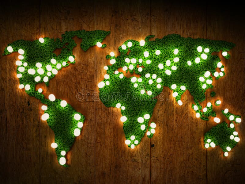 World Map Background with Grass Field and Wood with Glowing Lights ...