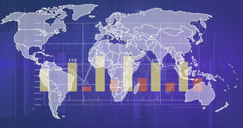 World Map with Bar Graphs and Hexagonal Patterns, Data Analysis Image Stock Illustration ...