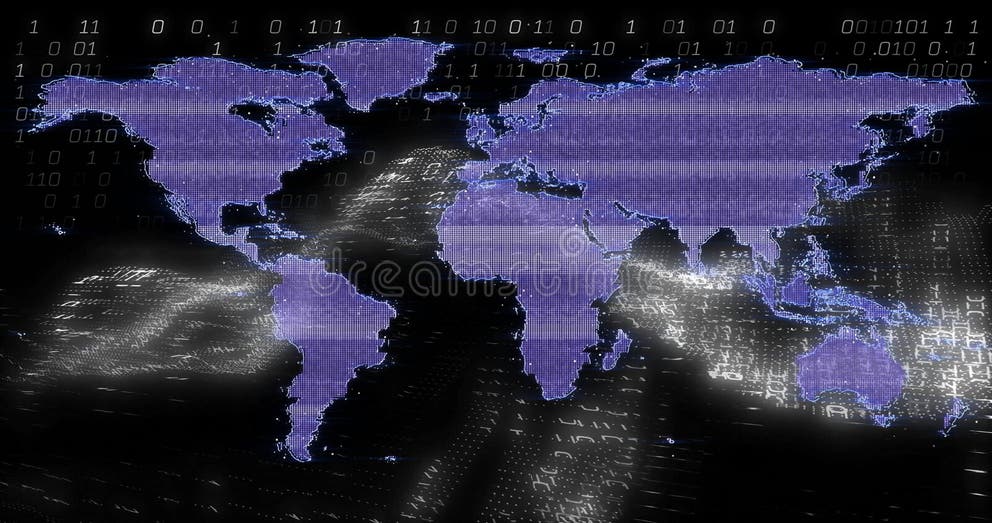World Map with Binary Code and Data Processing Image Over Digital Landscape Stock Illustration ...