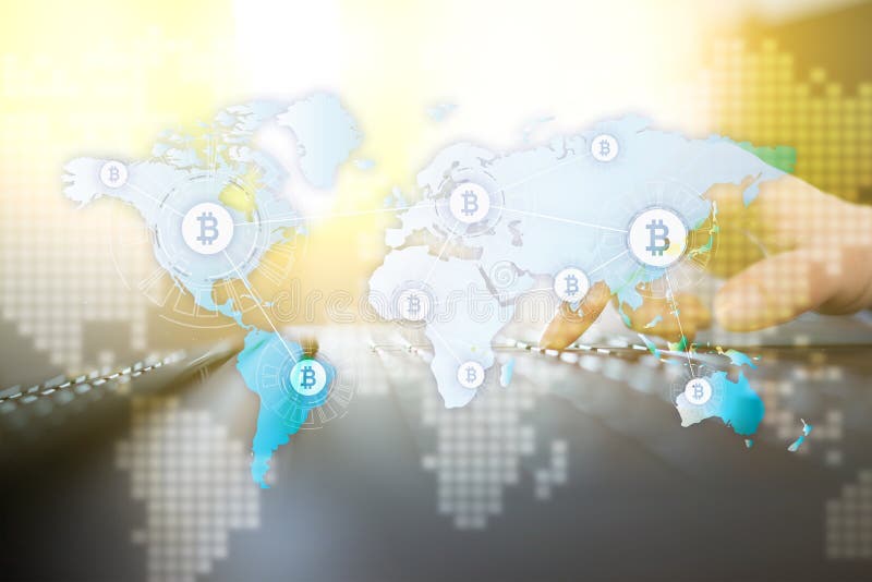 World Map with Bitcoin Icons on Virtual Screen. Crypto Currency ...