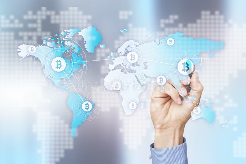 World Map with Bitcoin Icons on Virtual Screen. Crypto Currency ...