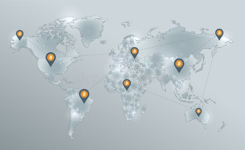 World Map, Bitcoin Network and Icons Pointer, Separates States, Design ...