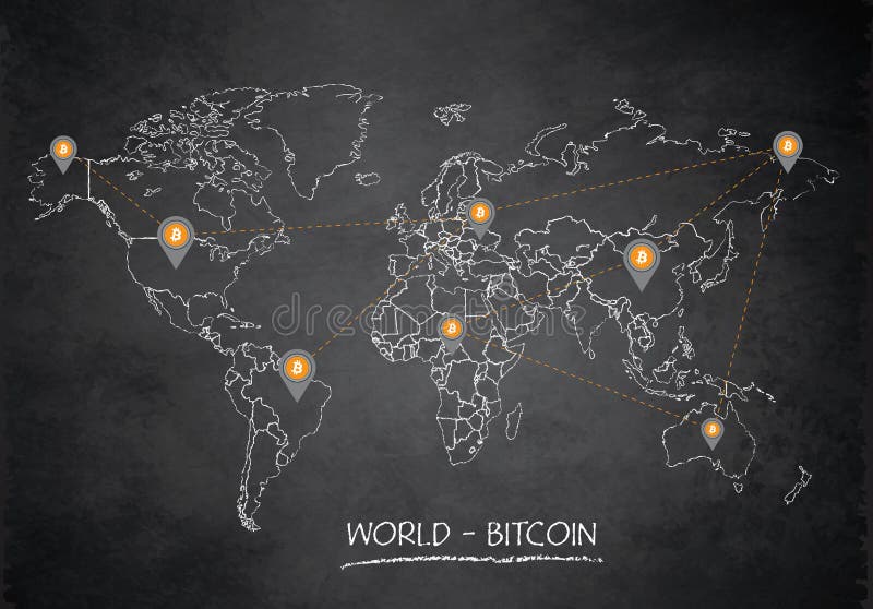 World Map, Bitcoin Network and Location Pointer, Design Card Blackboard ...