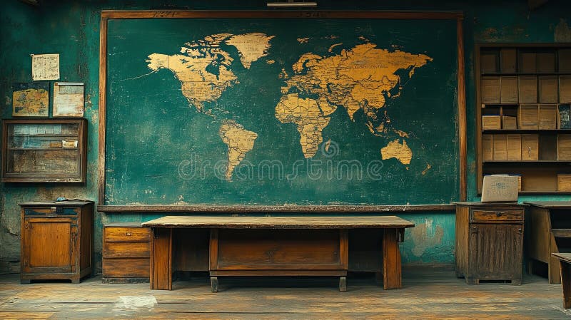 World Map on Blackboard in Empty Vintage Retro Classroom, with Copy ...