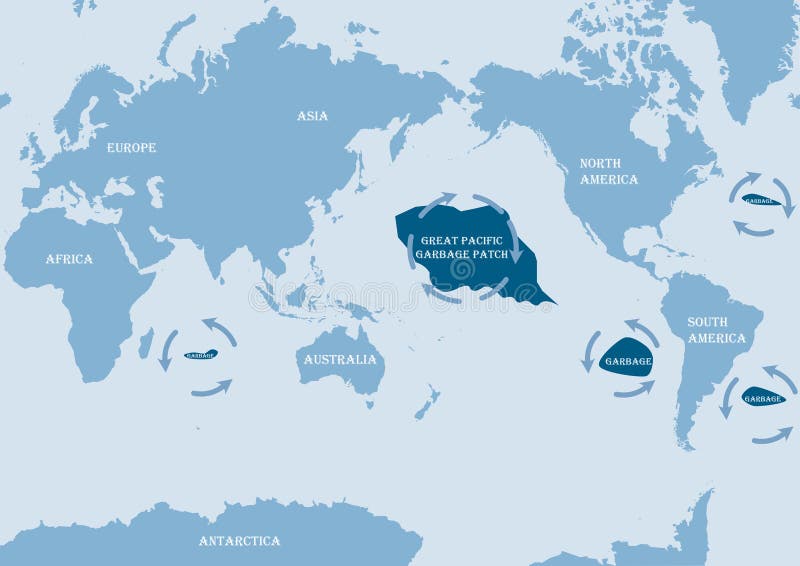 World Map on Blue Background with Great Pacific Garbage Patch and Sea ...