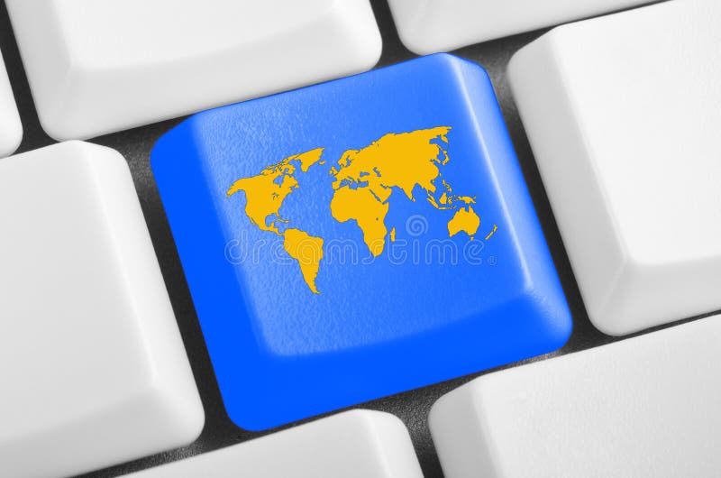 World Map Blue Button on the Keyboard Stock Photo - Image of globe ...