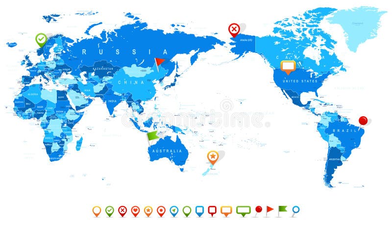 World Map Blue and Icons - Asia in Center Stock Illustration ...
